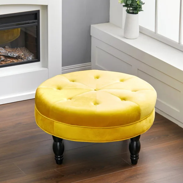 Blue/Yellow Velvet Upholstered Round Footstool | Absolute Home